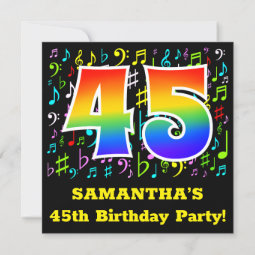 45th Birthday Party: Fun Music Symbols, Rainbow 45 Invitation | Zazzle