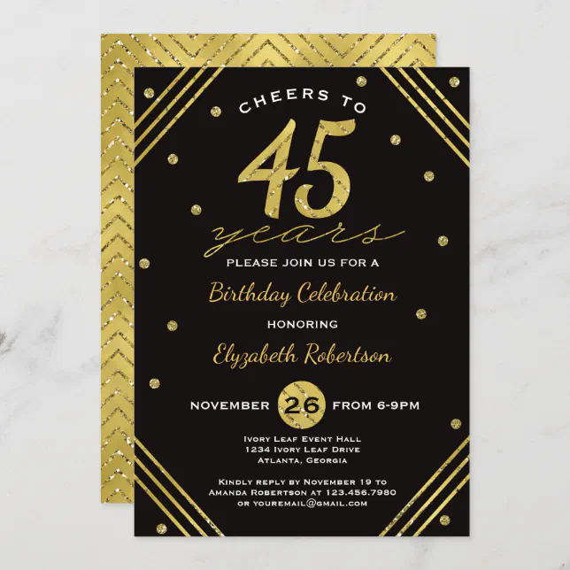 45th Birthday Party Invitation, Cheers, Faux Gold Invitation | Zazzle