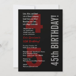 45th Modern Birthday Black White Red Metallic Invitation | Zazzle