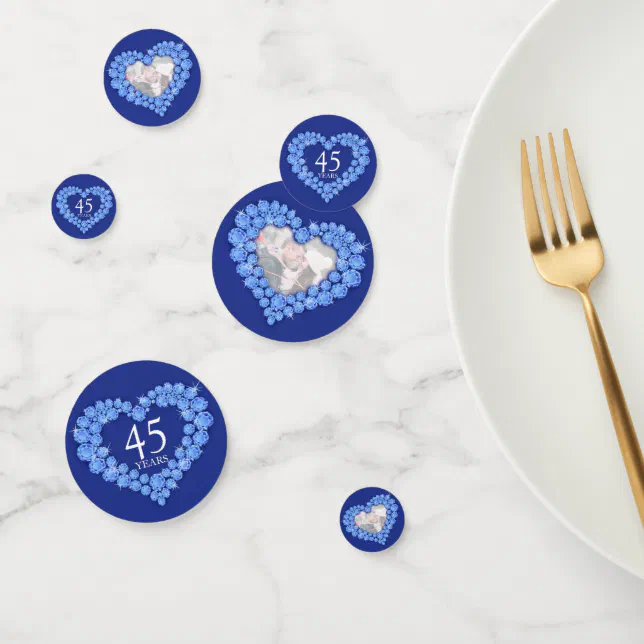45th sapphire wedding anniversary heart photo blue confetti | Zazzle