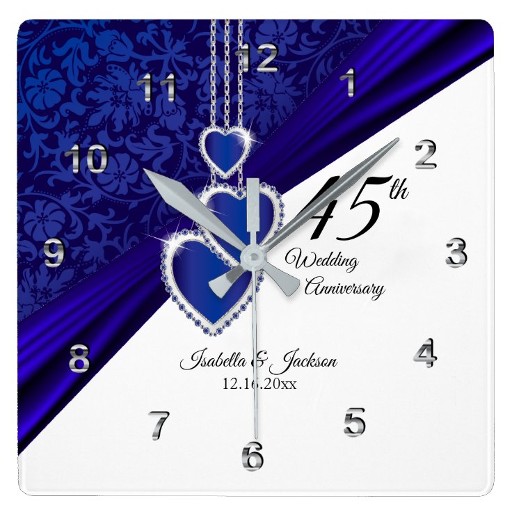 45th Sapphire Wedding Anniversary Keepsake Square Wall Clock | Zazzle