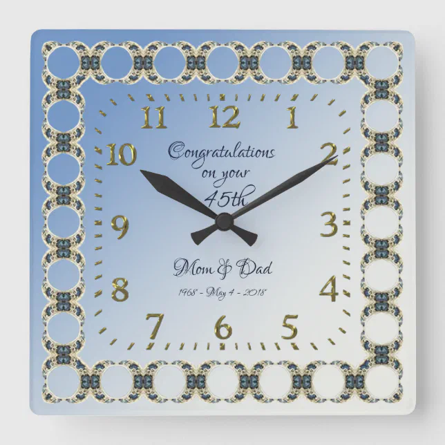 45th Sapphire Wedding Anniversary Square Wall Clock | Zazzle
