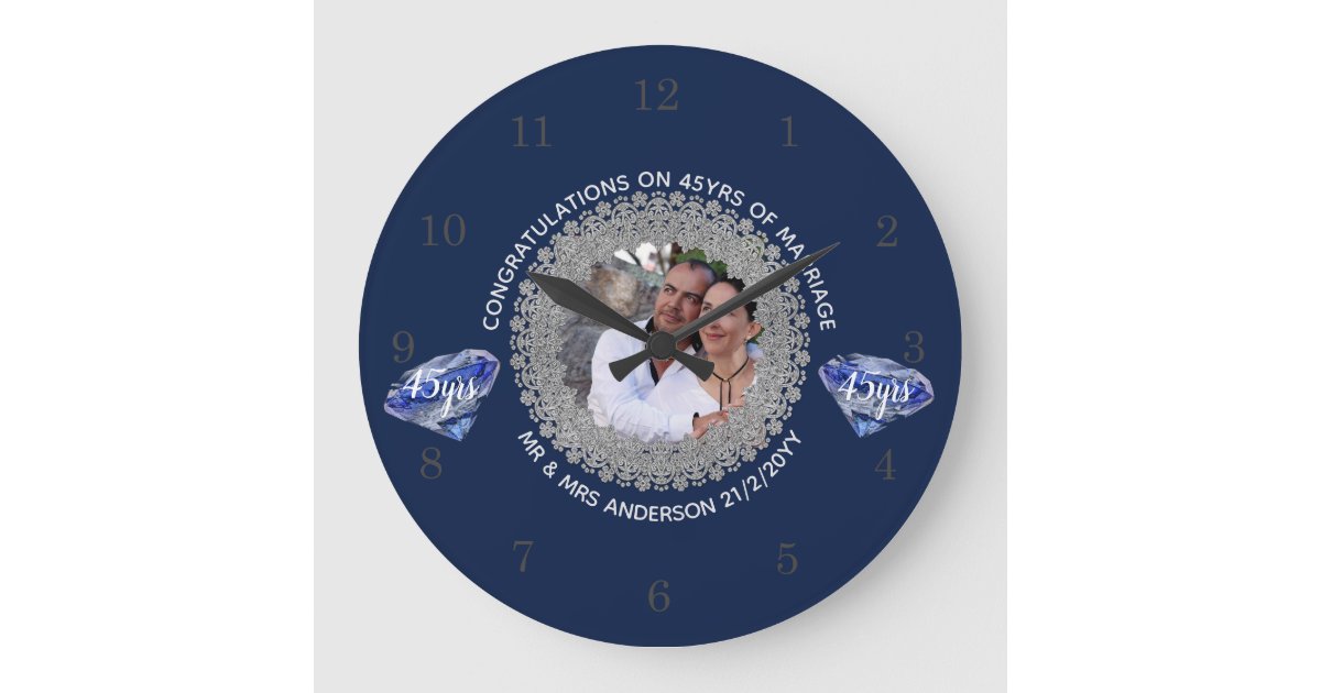 45th Wedding Anniversary - ADD PHOTO Sapphire Blue Large Clock | Zazzle