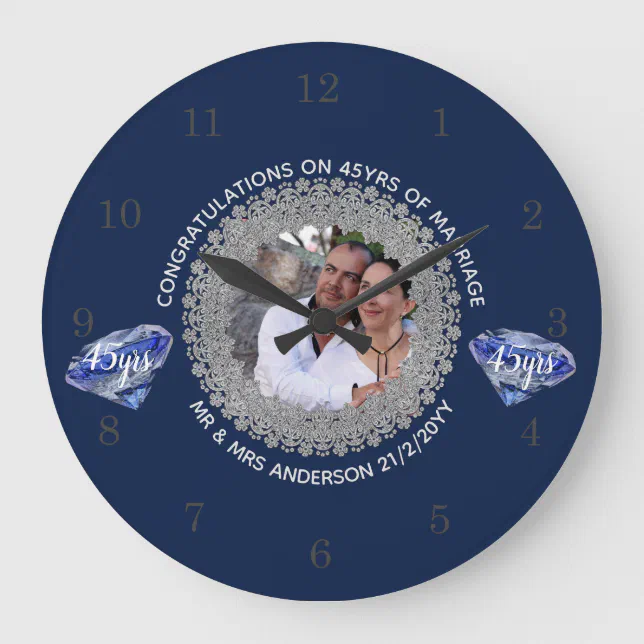 45th Wedding Anniversary - ADD PHOTO Sapphire Blue Large Clock | Zazzle