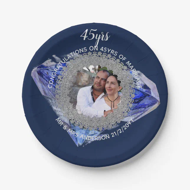 45th Wedding Anniversary - ADD PHOTO Sapphire Blue Paper Plates | Zazzle