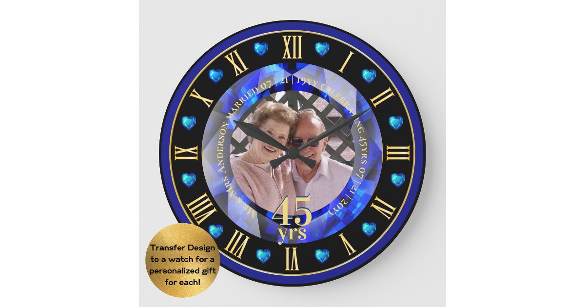 45th Wedding Anniversary PHOTO Gift Sapphire Blue Large Clock | Zazzle