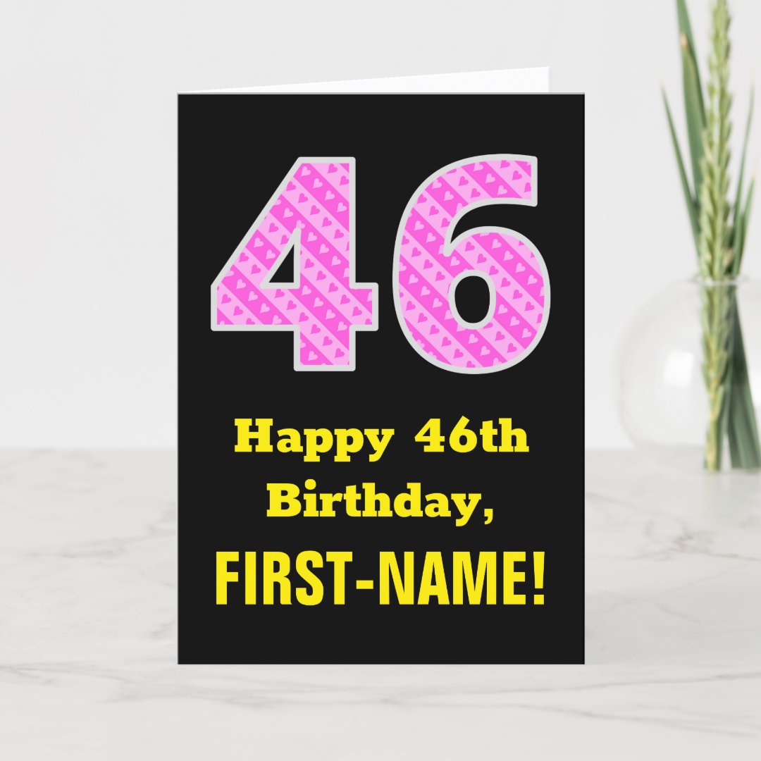 46th Birthday: Pink Stripes and Hearts "46" + Name Card | Zazzle