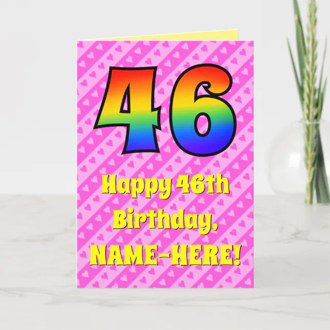 46th Birthday: Pink Stripes & Hearts, Rainbow # 46 Card | Zazzle