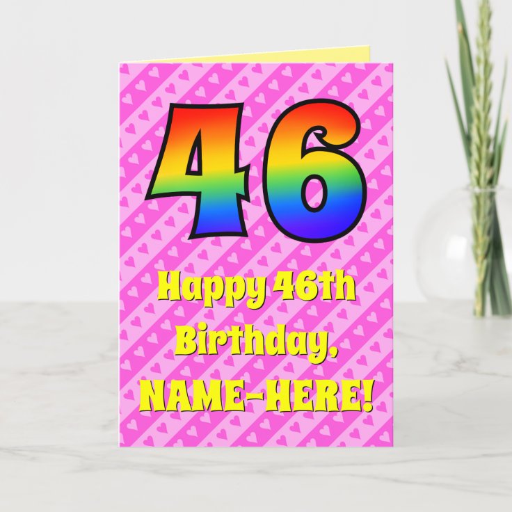 46th Birthday: Pink Stripes & Hearts, Rainbow # 46 Card | Zazzle
