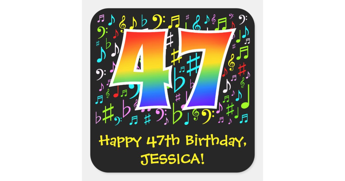 47th Birthday: Colorful Music Symbols, Rainbow 47 Square Sticker | Zazzle
