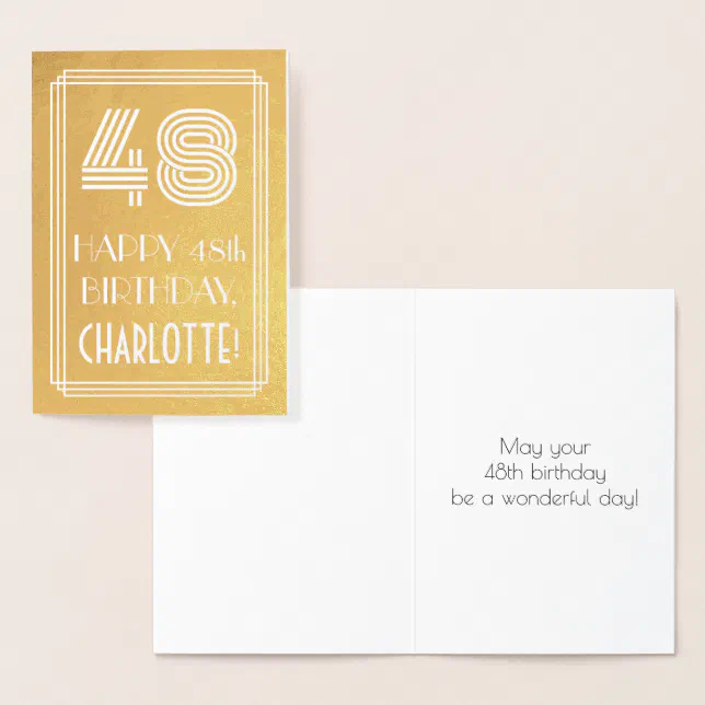 48th Birthday – Art Deco Inspired Look "48" + Name Foil Card | Zazzle