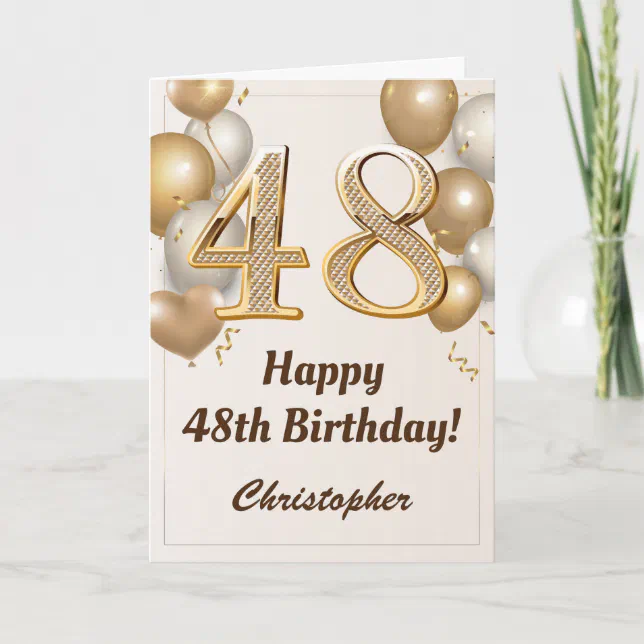 48th Birthday Gold Balloons and Confetti Birthday Card | Zazzle