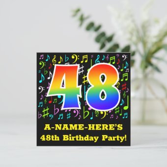 48th Birthday Party: Fun Music Symbols, Rainbow 48 Invitation | Zazzle