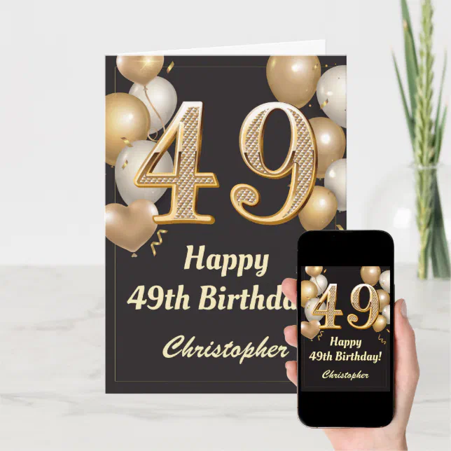 49th Birthday Black and Gold Balloons Confetti Card | Zazzle