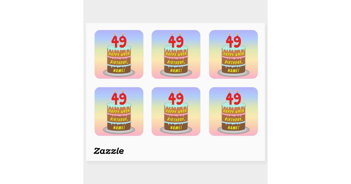 49th Birthday: Fun Cake and Candles + Custom Name Square Sticker | Zazzle
