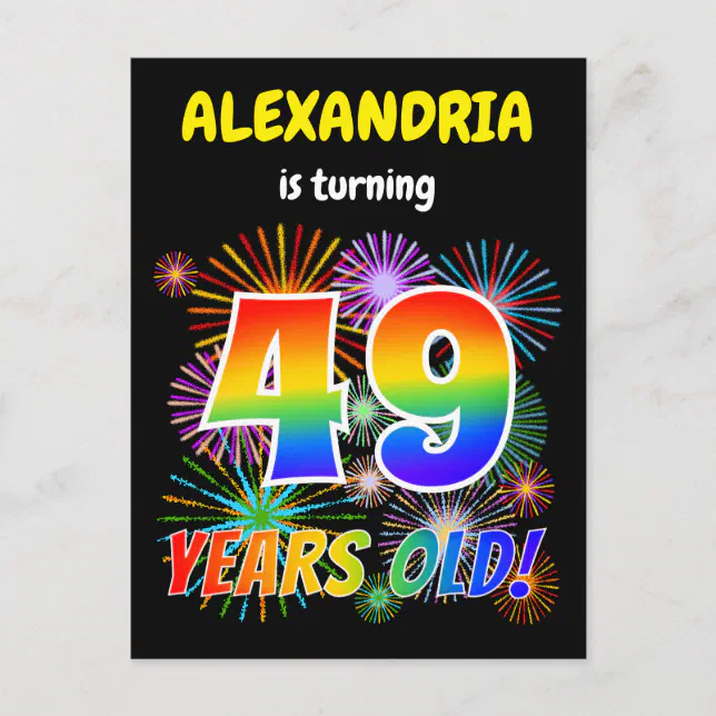 49th Birthday - Fun Fireworks, Rainbow Look "49" Postcard | Zazzle