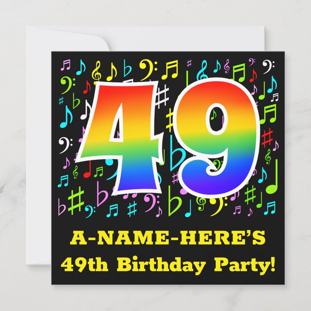 49th Birthday Party: Fun Music Symbols, Rainbow 49 Invitation | Zazzle