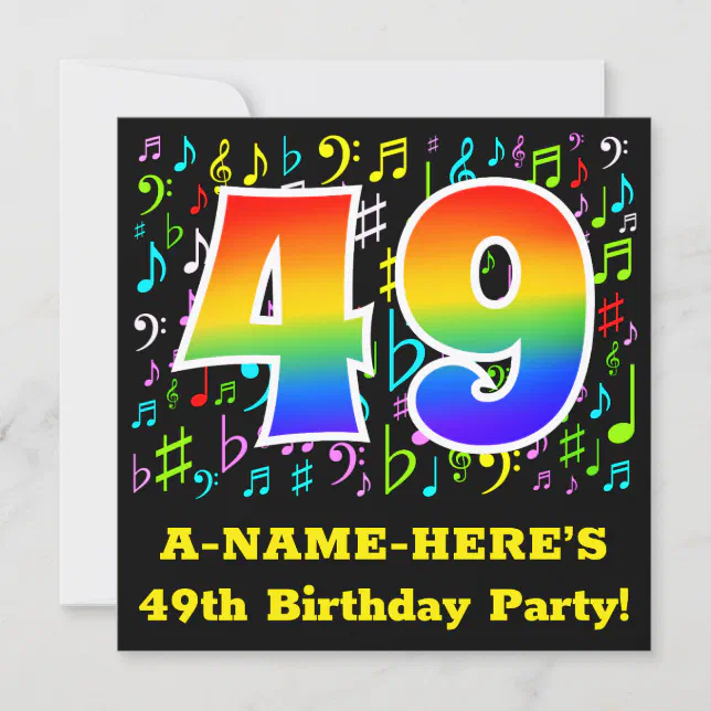 49th Birthday Party: Fun Music Symbols, Rainbow 49 Invitation | Zazzle