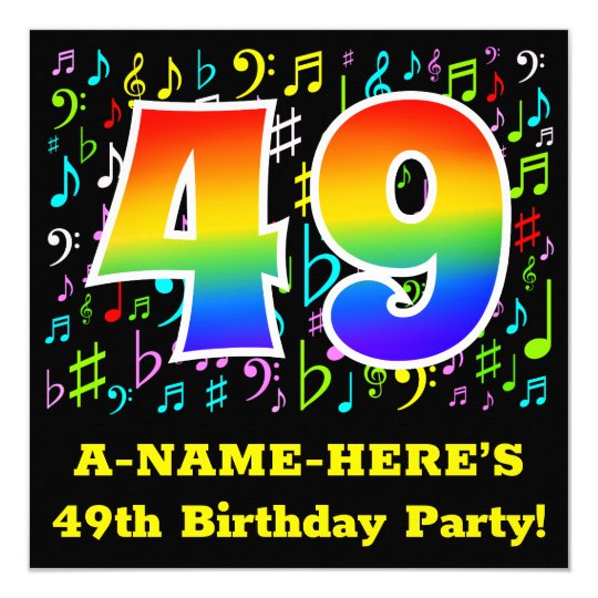 49th Birthday Party: Fun Music Symbols, Rainbow 49 Invitation | Zazzle.com