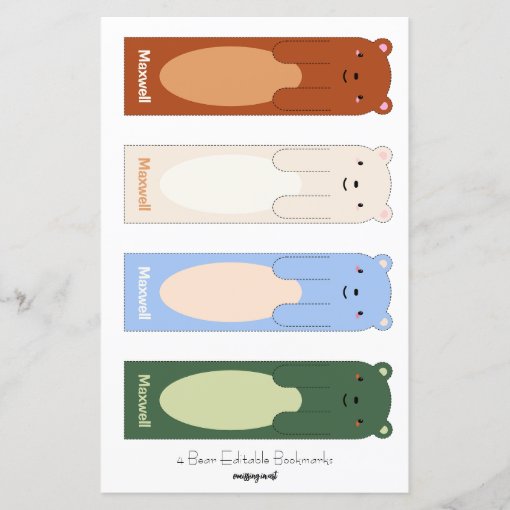 4 Cute Bear Editable Bookmarks with cut-out hands | Zazzle
