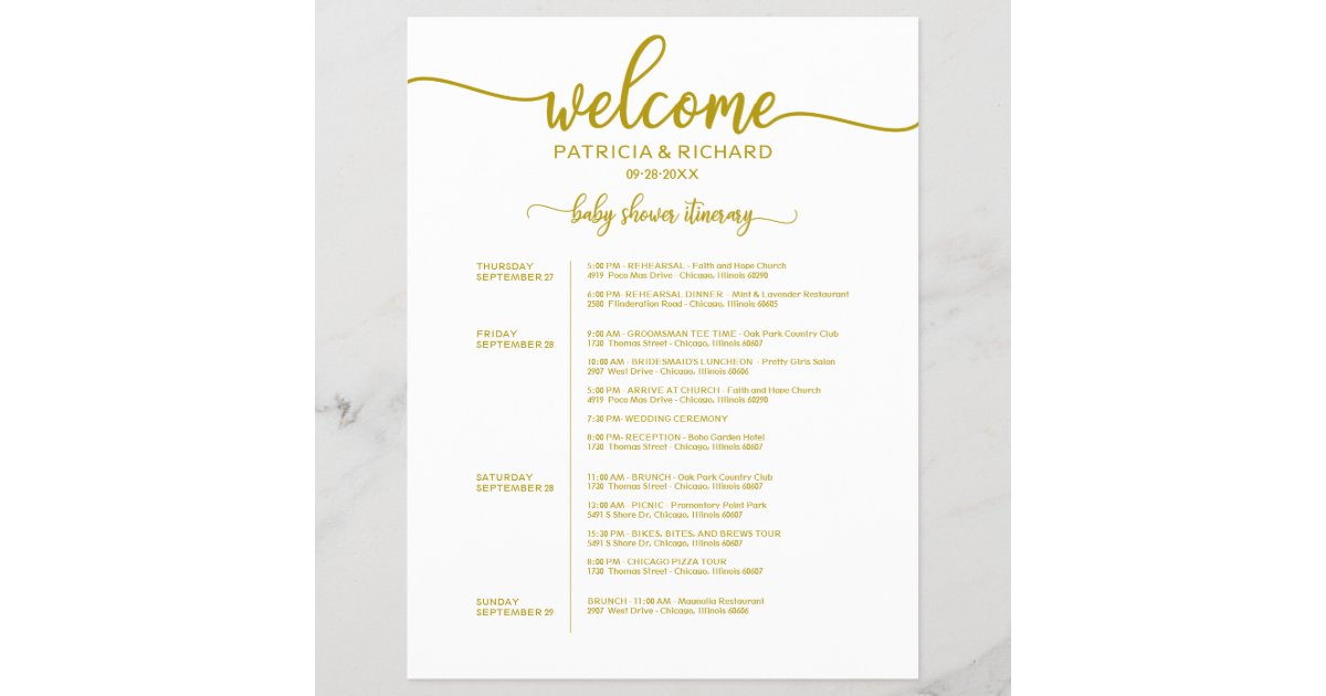 4 Days Baby Shower Itinerary Gold Timeline | Zazzle