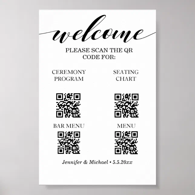 4 in 1 ceremony&seating chart&bar&menu qr code poster | Zazzle