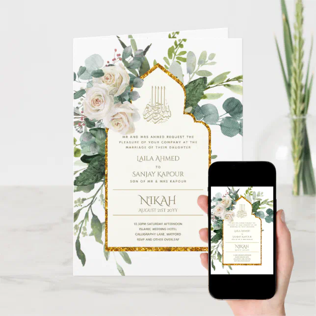 4 Page NIKAH WALIMA Invite White Roses Islamic Wed | Zazzle