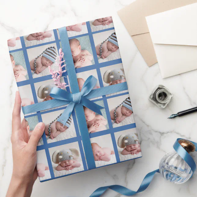 4 Photo Baby Boy Blue Cute Custom 1st Birthday Wrapping Paper | Zazzle
