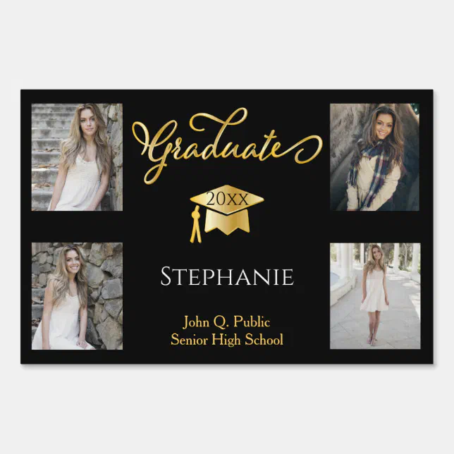 4 Photo Black Gold Graduate Name School Sign | Zazzle