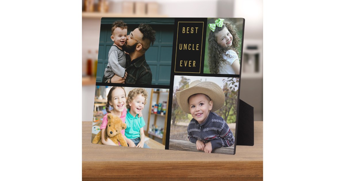 4 Photo Collage Best Uncle Ever Black And Gold Plaque | Zazzle