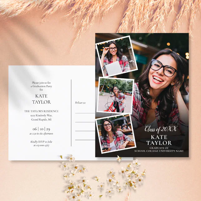4 Photo Collage Graduation Party Invitation Postca Postcard | Zazzle