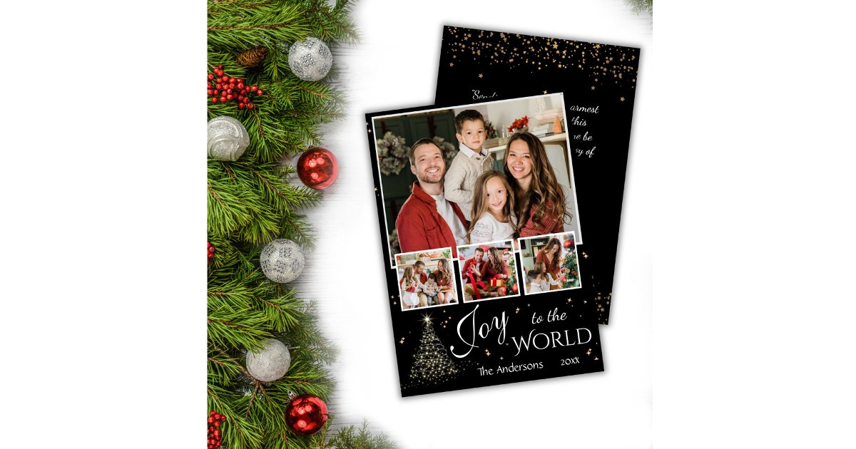 4 photo collage Joy to the world black Christmas Holiday Card | Zazzle