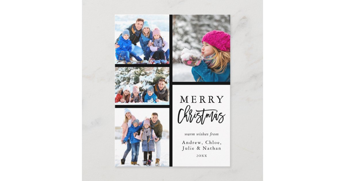 4 Photo Collage Modern Merry Christmas Holiday Postcard | Zazzle
