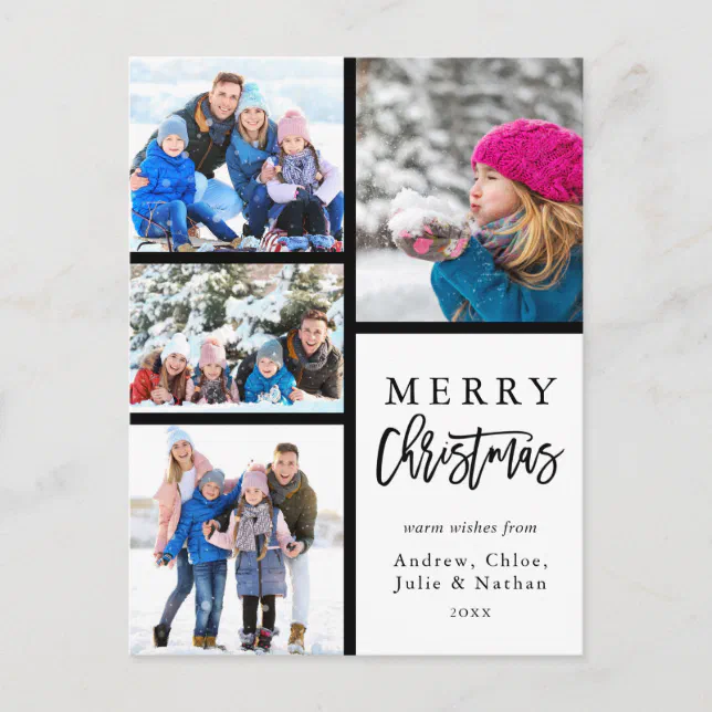 4 Photo Collage Modern Merry Christmas Holiday Postcard | Zazzle