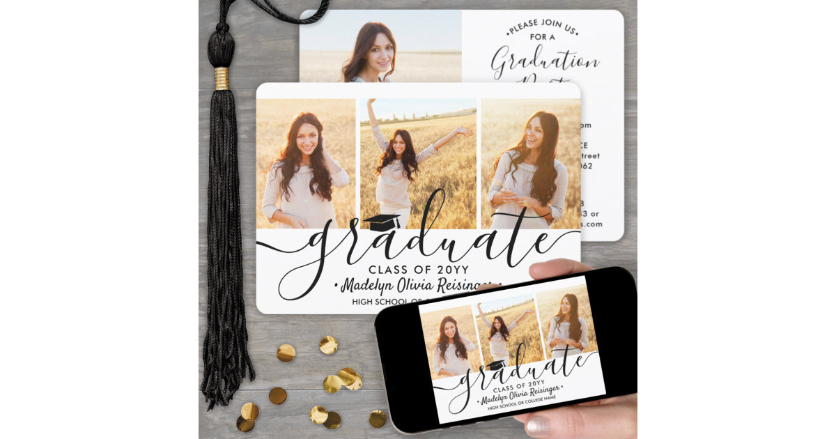 4 Photo Collage Simple Modern Script Graduation Invitation | Zazzle