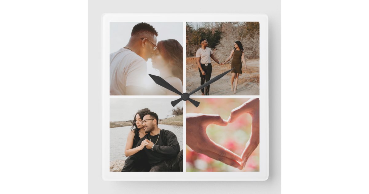 4 Photo Custom Collage Personalized Square Wall Clock | Zazzle