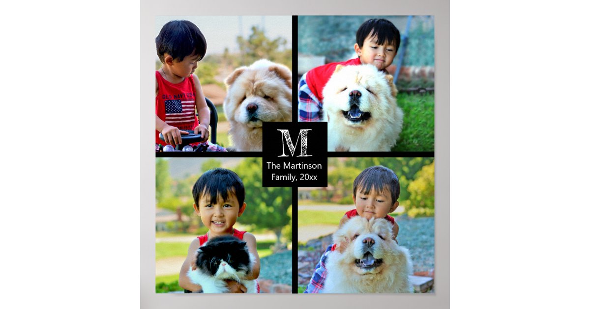 4 Photo Customized Collage with Monogram Poster | Zazzle