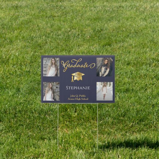 4 Photo Dk Blue Gold Graduate Name School Sign | Zazzle