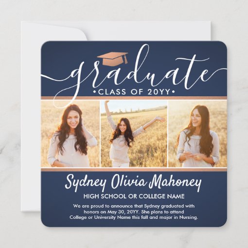 4 Photo Graduation Collage Navy Blue & Faux Copper Announcement | Zazzle
