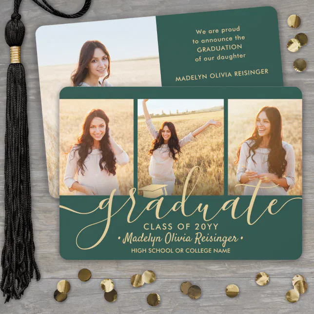 4 Photo Graduation Collage Script Green and Gold Announcement | Zazzle