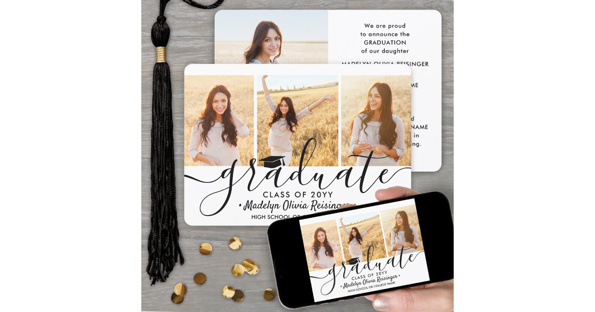 4 Photo Graduation Collage Simple Modern Script Announcement | Zazzle