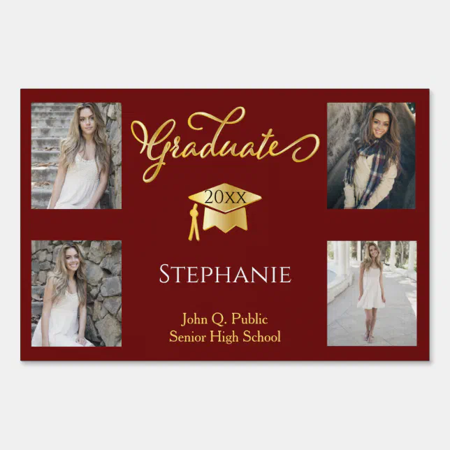 4 Photo Maroon Gold Graduate Name School Sign | Zazzle