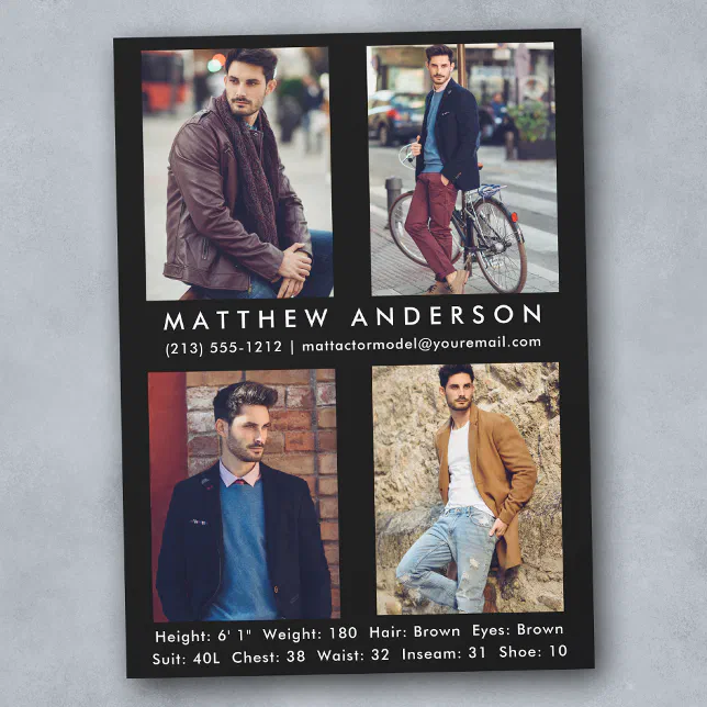 4 Photo Model Actor Comp Card Blk | Zazzle