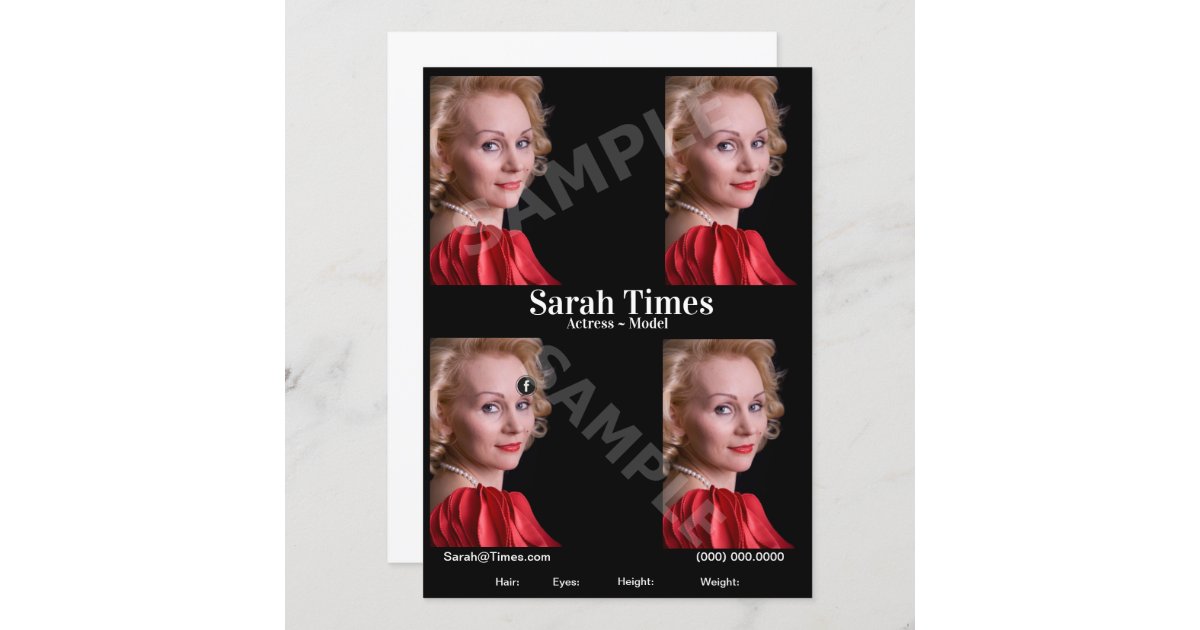 4 Photo Model Actor Comp Card Blk Template | Zazzle