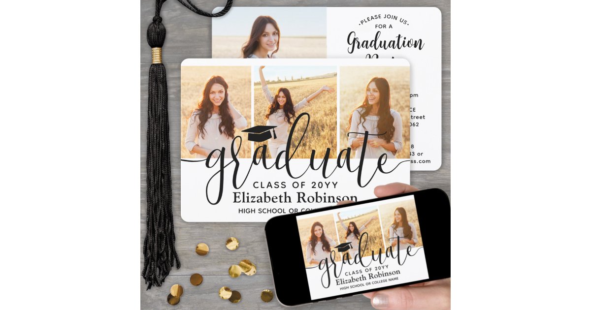 4 Photo Modern Elegant Script Graduation Party Invitation | Zazzle