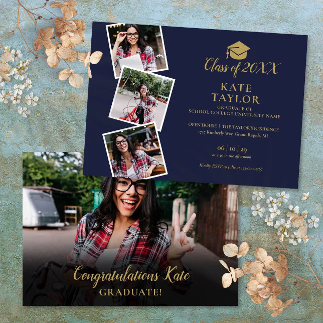 4 Photo Navy Blue And Gold Graduation Party Invitation | Zazzle