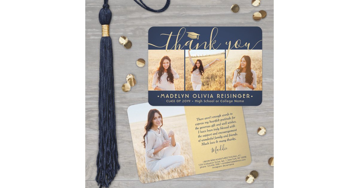 4 Photo New Address Navy Blue and Gold Graduation Thank You Card | Zazzle