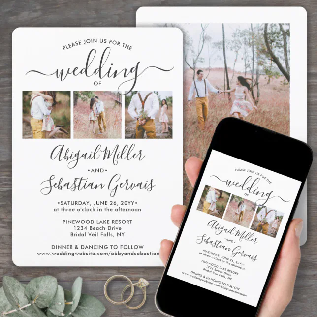 4 Photo Simple Modern Calligraphy Elegant Wedding Invitation | Zazzle
