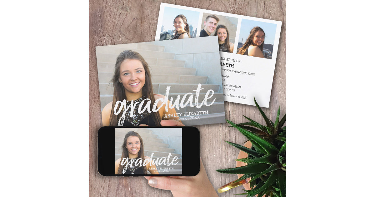 4 Photo Trendy Grad Script Graduation Party Invitation | Zazzle
