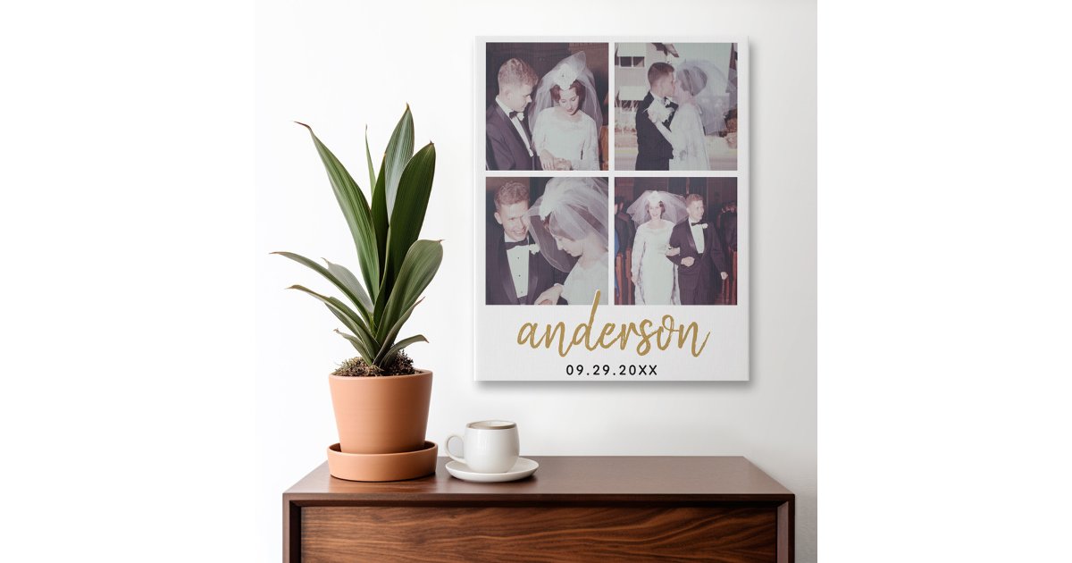 4 Photo Wedding Collage Handwritten Last Name Faux Canvas Print | Zazzle